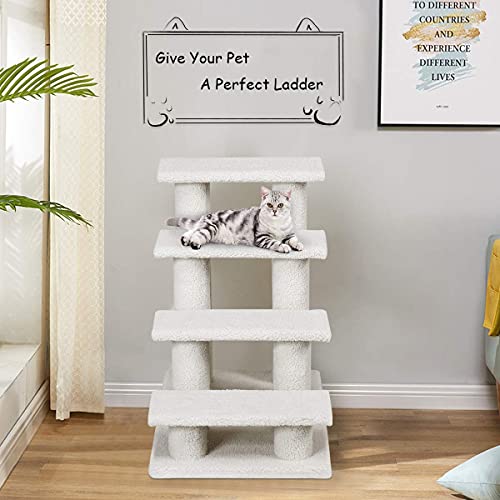 Tangkula Pet Stairs for Cats and Dogs, 4-Step Carpeted Ladder Ramp Cat Climber Cat Scratching Post, Multi-Step Dog Stairs for High Beds, Couch (Grayish White)