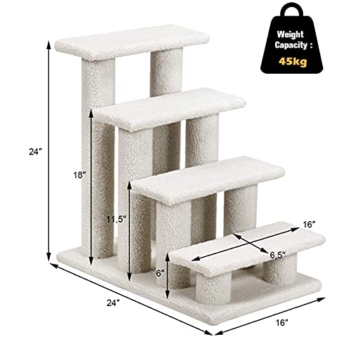 Tangkula Pet Stairs for Cats and Dogs, 4-Step Carpeted Ladder Ramp Cat Climber Cat Scratching Post, Multi-Step Dog Stairs for High Beds, Couch (Grayish White)