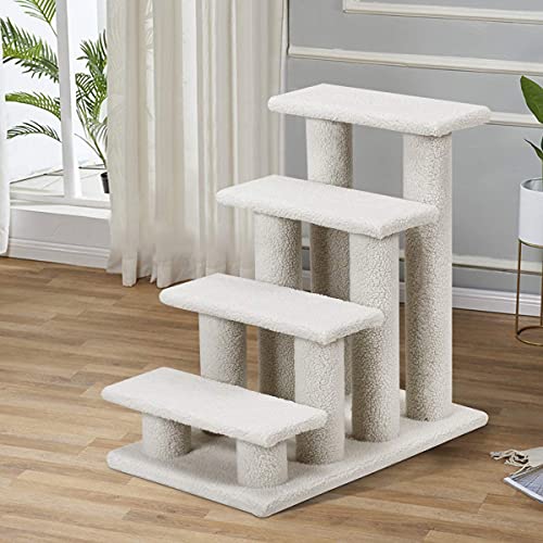 Tangkula Pet Stairs for Cats and Dogs, 4-Step Carpeted Ladder Ramp Cat Climber Cat Scratching Post, Multi-Step Dog Stairs for High Beds, Couch (Grayish White)