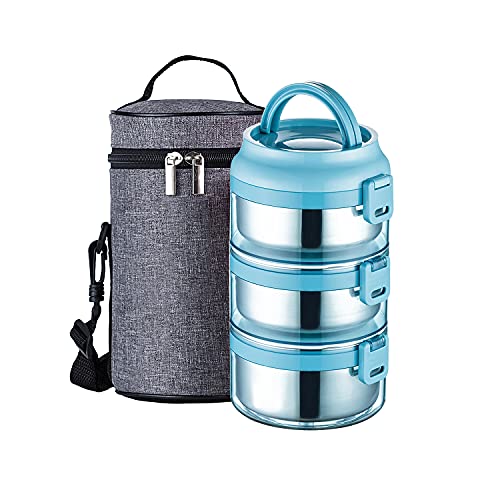 Lille Home 75OZ Stainless Steel Stackable Compartment Lunch/Snack Box, 3-Tier Bento /Food Container with Lunch Bag, Leakproof, Smart Diet, Weight Control (Blue)