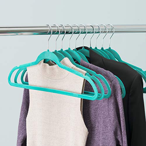 Velvet Clothes Hangers (Pack of 10), Turquoise, by Home Basics | Felt Hangers for Tops, Jackets, Dresses, and Pants | Contoured Hangers with Notches | Ultra-Thin Space Saving Clothes Hangers