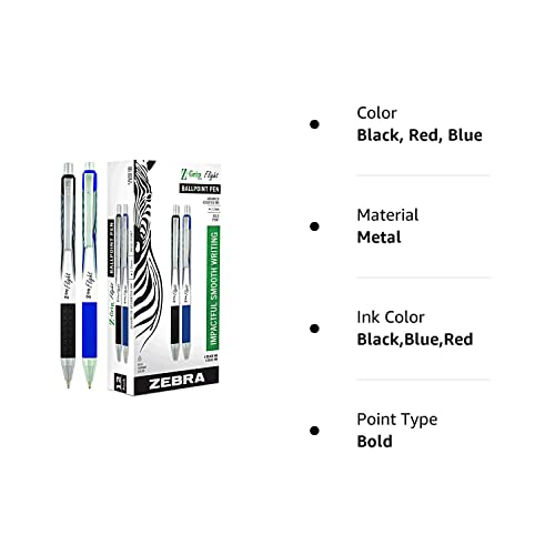 Zebra Pen Z-Grip Flight, Large Bulk Combo Pack of 6 BLACK INK & 6 BLUE INK Retractable Ballpoint Pen (Total of 12 Pens), Bold Point 1.2mm, ink pens