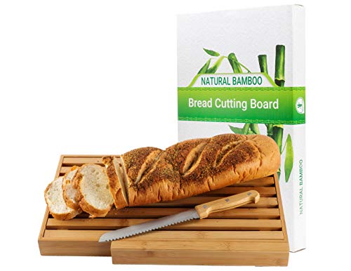 Bamboo Land- Large Bamboo Bread Board with Large Bread Knife and Crumb Catcher, Bread Cutting Board, Bread Boards Wooden, Bread Tray, Bread Cutting Board with Crumb Catcher, Tray to Cut Homemade Bread