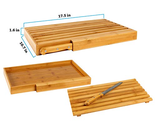 Bamboo Land- Large Bamboo Bread Board with Large Bread Knife and Crumb Catcher, Bread Cutting Board, Bread Boards Wooden, Bread Tray, Bread Cutting Board with Crumb Catcher, Tray to Cut Homemade Bread