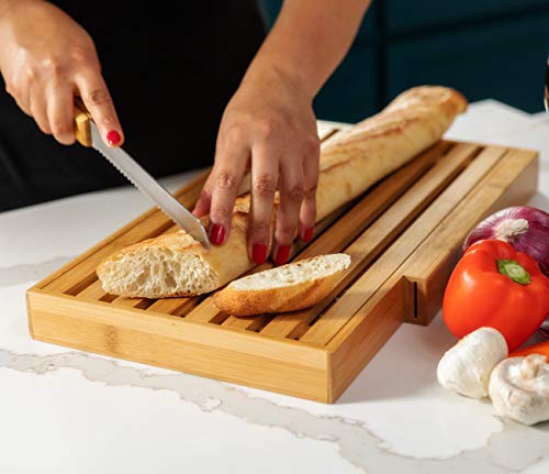 Bamboo Land- Large Bamboo Bread Board with Large Bread Knife and Crumb Catcher, Bread Cutting Board, Bread Boards Wooden, Bread Tray, Bread Cutting Board with Crumb Catcher, Tray to Cut Homemade Bread