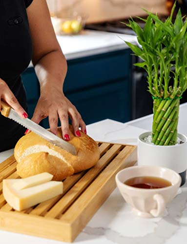 Bamboo Land- Large Bamboo Bread Board with Large Bread Knife and Crumb Catcher, Bread Cutting Board, Bread Boards Wooden, Bread Tray, Bread Cutting Board with Crumb Catcher, Tray to Cut Homemade Bread