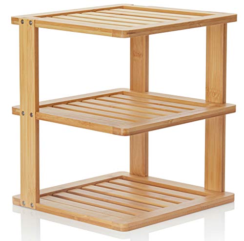 BERYLAND Bamboo Corner Shelf - 3 Tier 10 x 10 inch and 11.5 inches high. Kitchen Cabinet Organizer - Pantry Organization and Storage - Bathroom Countertop Shelves