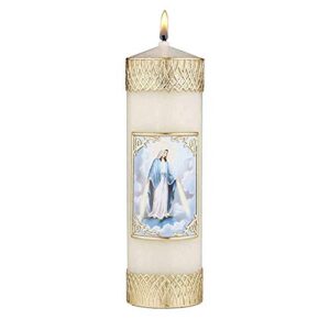 cb church supply candle - will and baumer - hand-decorated family prayer paraffin devotional candle with decal, 8-inch, lady of grace