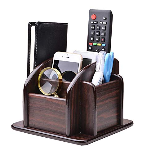 YCOCO Wooden Remote Control Holder,TV Remote Holder for Table,360°Rotatable Office Supplies Storage Organizer,6 Compartments Pencil Holder for Desk,Brown