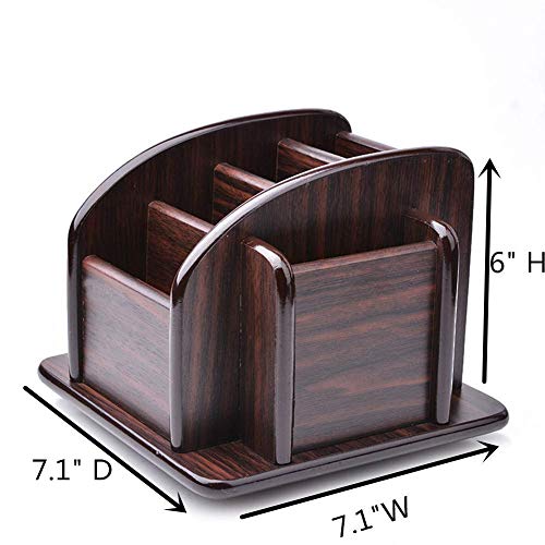 YCOCO Wooden Remote Control Holder,TV Remote Holder for Table,360°Rotatable Office Supplies Storage Organizer,6 Compartments Pencil Holder for Desk,Brown