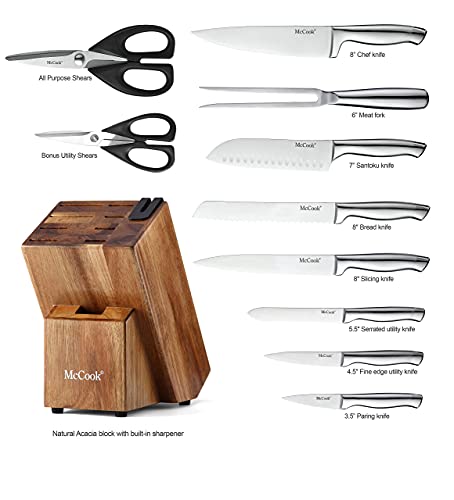 McCook® MC35 Knife Sets with Built-in Sharpener,11 Pieces German Stainless Steel Hollow Handle Kitchen Knives Set in Acacia Block