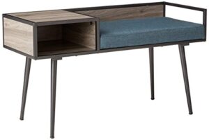 walker edison hawkins mid century modern metal and wood storage bench with plush cushion, 40 inch, blue