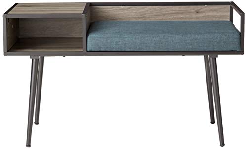 Walker Edison Hawkins Mid Century Modern Metal and Wood Storage Bench with Plush Cushion, 40 Inch, Blue