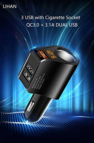 LIHAN Car Charger Extension Cigarette Lighter Adapter,Socket Splitter 3 USB Ports and Voltage Meter,fit for 12V/24V Automobile Outlet,Compatible with iPhone 14,13,12,iPad,Samsung(BlackQC3.0)