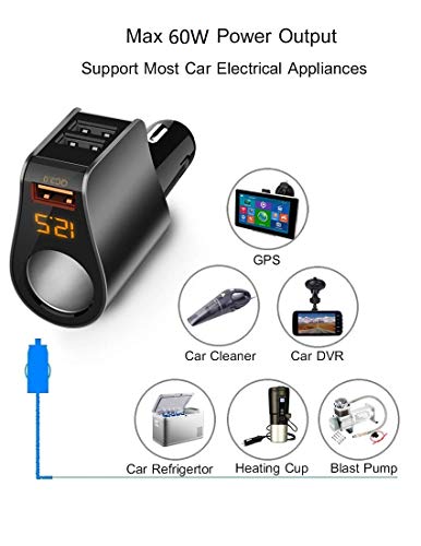 LIHAN Car Charger Extension Cigarette Lighter Adapter,Socket Splitter 3 USB Ports and Voltage Meter,fit for 12V/24V Automobile Outlet,Compatible with iPhone 14,13,12,iPad,Samsung(BlackQC3.0)