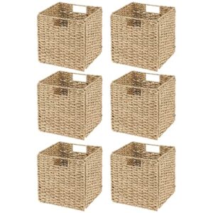 mDesign Seagrass Woven Cube Bin Basket Organizer with Handles - Storage for Bedroom, Home Office, Living Room, Bathroom, Shelf/Cubby Organization, Hold Blankets, Magazines, Books - 6 Pack, Natural/Tan