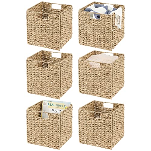 mDesign Seagrass Woven Cube Bin Basket Organizer with Handles - Storage for Bedroom, Home Office, Living Room, Bathroom, Shelf/Cubby Organization, Hold Blankets, Magazines, Books - 6 Pack, Natural/Tan