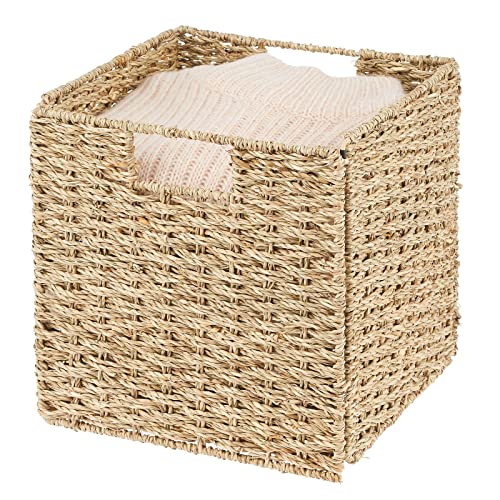 mDesign Seagrass Woven Cube Bin Basket Organizer with Handles - Storage for Bedroom, Home Office, Living Room, Bathroom, Shelf/Cubby Organization, Hold Blankets, Magazines, Books - 6 Pack, Natural/Tan