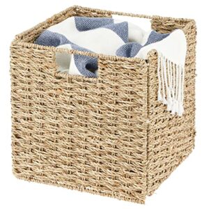 mDesign Seagrass Woven Cube Bin Basket Organizer with Handles - Storage for Bedroom, Home Office, Living Room, Bathroom, Shelf/Cubby Organization, Hold Blankets, Magazines, Books - 6 Pack, Natural/Tan