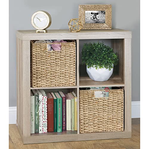 mDesign Seagrass Woven Cube Bin Basket Organizer with Handles - Storage for Bedroom, Home Office, Living Room, Bathroom, Shelf/Cubby Organization, Hold Blankets, Magazines, Books - 6 Pack, Natural/Tan