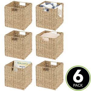 mDesign Seagrass Woven Cube Bin Basket Organizer with Handles - Storage for Bedroom, Home Office, Living Room, Bathroom, Shelf/Cubby Organization, Hold Blankets, Magazines, Books - 6 Pack, Natural/Tan