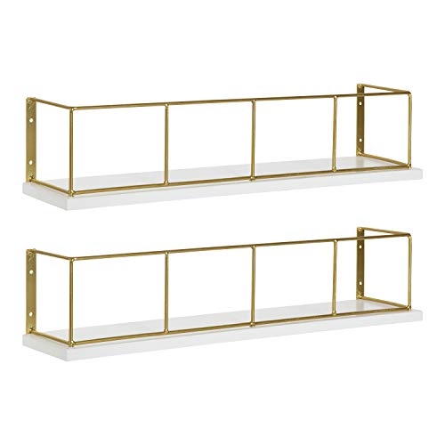 Kate and Laurel Benbrook 18-inch 2-Pack Wood and Metal Floating Wall Shelves, White and Gold