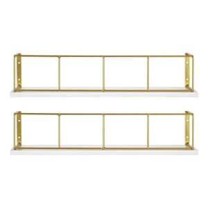 Kate and Laurel Benbrook 18-inch 2-Pack Wood and Metal Floating Wall Shelves, White and Gold