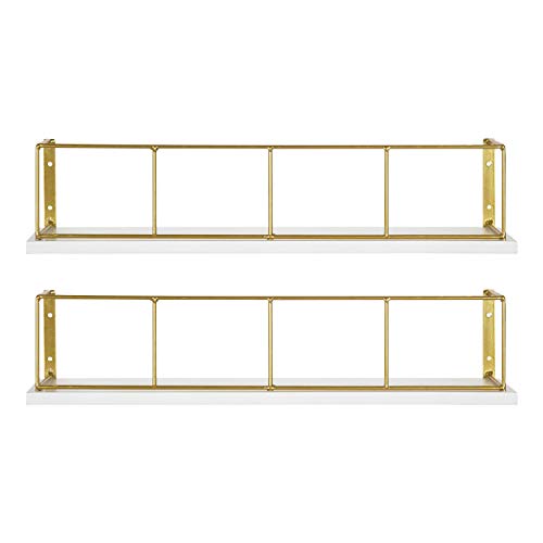 Kate and Laurel Benbrook 18-inch 2-Pack Wood and Metal Floating Wall Shelves, White and Gold