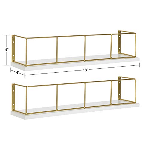 Kate and Laurel Benbrook 18-inch 2-Pack Wood and Metal Floating Wall Shelves, White and Gold