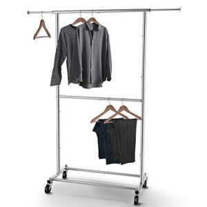 simple trending double rod clothing garment rack, rolling clothes organizer on wheels for hanging clothes, chrome