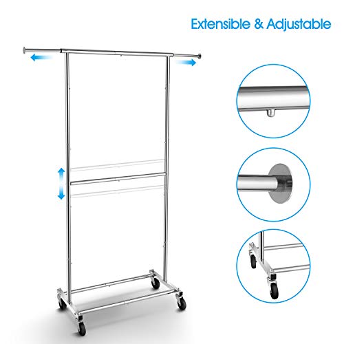 Simple Trending Double Rod Clothing Garment Rack, Rolling Clothes Organizer on Wheels for Hanging Clothes, Chrome