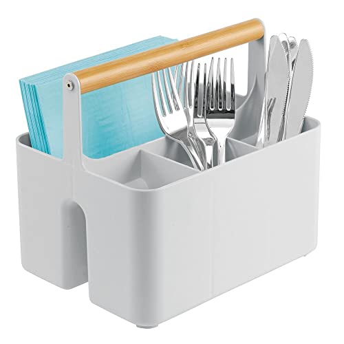 mDesign Plastic Portable Storage Organizer Kitchen Caddy Tote, Divided Bin with Wood Handle for Napkins, Silverware, Forks, Knives, Spoons - Store in Cabinets, Countertops - Gray/Natural