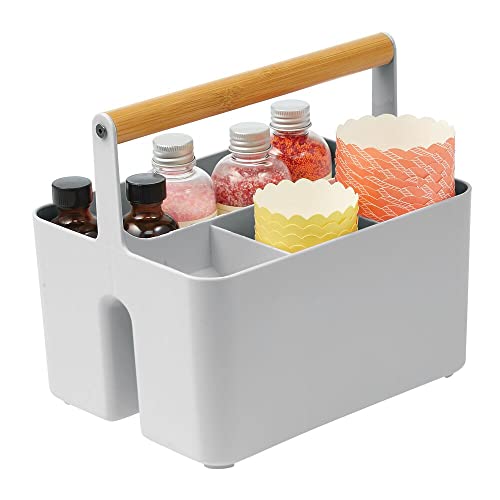 mDesign Plastic Portable Storage Organizer Kitchen Caddy Tote, Divided Bin with Wood Handle for Napkins, Silverware, Forks, Knives, Spoons - Store in Cabinets, Countertops - Gray/Natural