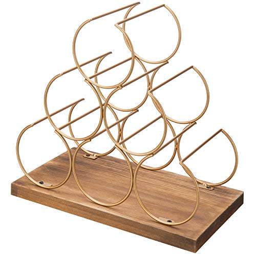 MyGift Contemporary Tabletop Wine Rack, Brass Metal Wire & Burnt Wood 6-Bottle Wine Holder