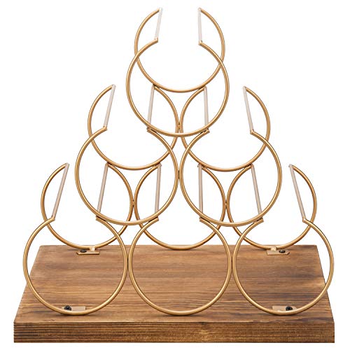 MyGift Contemporary Tabletop Wine Rack, Brass Metal Wire & Burnt Wood 6-Bottle Wine Holder