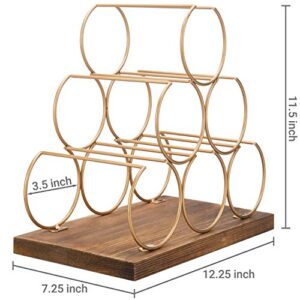 MyGift Contemporary Tabletop Wine Rack, Brass Metal Wire & Burnt Wood 6-Bottle Wine Holder