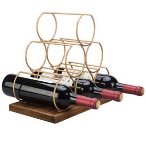 MyGift Contemporary Tabletop Wine Rack, Brass Metal Wire & Burnt Wood 6-Bottle Wine Holder