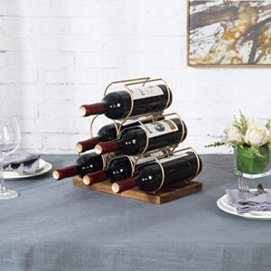 MyGift Contemporary Tabletop Wine Rack, Brass Metal Wire & Burnt Wood 6-Bottle Wine Holder