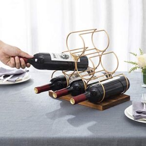 MyGift Contemporary Tabletop Wine Rack, Brass Metal Wire & Burnt Wood 6-Bottle Wine Holder