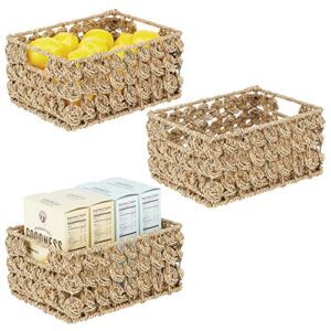 mdesign seagrass rose weave household basket with built-in handles for storage in bedroom, bathroom, office - hold clothes, blankets, linens, accessories, 3 pack - natural/tan