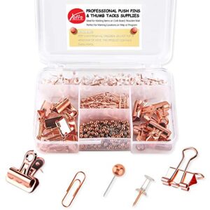 push pins binder clips paper clips map tacks sets, 5 styles 396 pcs rose gold pack for office, school and home supplies (pin and clips)