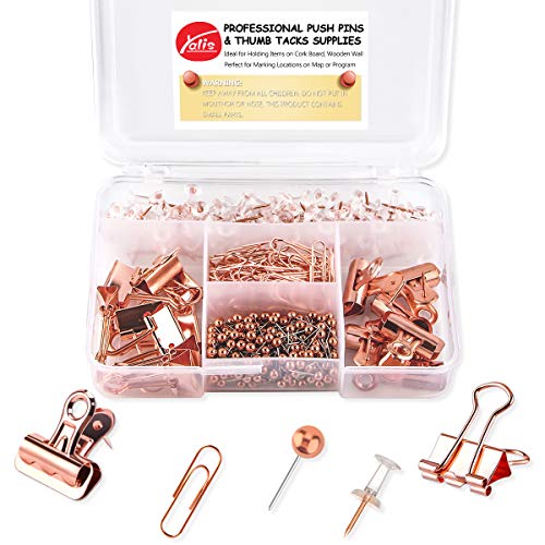 Push Pins Binder Clips Paper Clips Map Tacks Sets, 5 Styles 396 Pcs Rose Gold Pack for Office, School and Home Supplies (Pin and Clips)