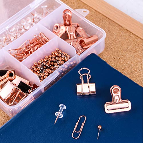 Push Pins Binder Clips Paper Clips Map Tacks Sets, 5 Styles 396 Pcs Rose Gold Pack for Office, School and Home Supplies (Pin and Clips)