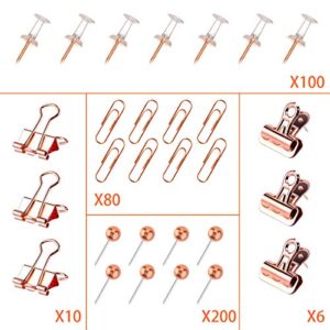 Push Pins Binder Clips Paper Clips Map Tacks Sets, 5 Styles 396 Pcs Rose Gold Pack for Office, School and Home Supplies (Pin and Clips)