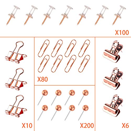 Push Pins Binder Clips Paper Clips Map Tacks Sets, 5 Styles 396 Pcs Rose Gold Pack for Office, School and Home Supplies (Pin and Clips)