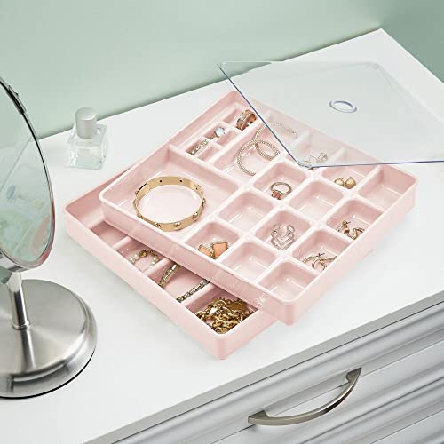 mDesign Stackable Plastic Storage Jewelry Box - 2 Organizer Trays with Lid for Drawer, Dresser, Vanity - Holds Necklaces, Bracelets, Bangles, Rings, Earrings - 3 Pieces - Light Pink/Clear