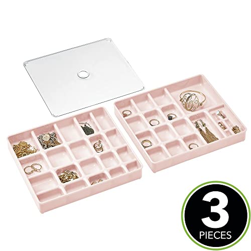 mDesign Stackable Plastic Storage Jewelry Box - 2 Organizer Trays with Lid for Drawer, Dresser, Vanity - Holds Necklaces, Bracelets, Bangles, Rings, Earrings - 3 Pieces - Light Pink/Clear