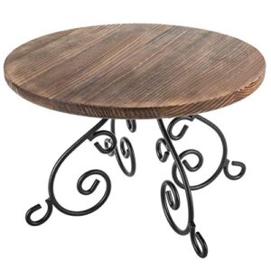 mygift 12-inch round wooden cake stand with rustic burnt wood and black metal pedestal base with scrollwork design