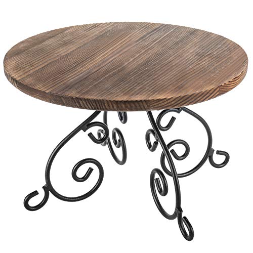 MyGift 12-inch Round Wooden Cake Stand with Rustic Burnt Wood and Black Metal Pedestal Base with Scrollwork Design