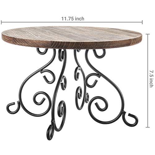 MyGift 12-inch Round Wooden Cake Stand with Rustic Burnt Wood and Black Metal Pedestal Base with Scrollwork Design